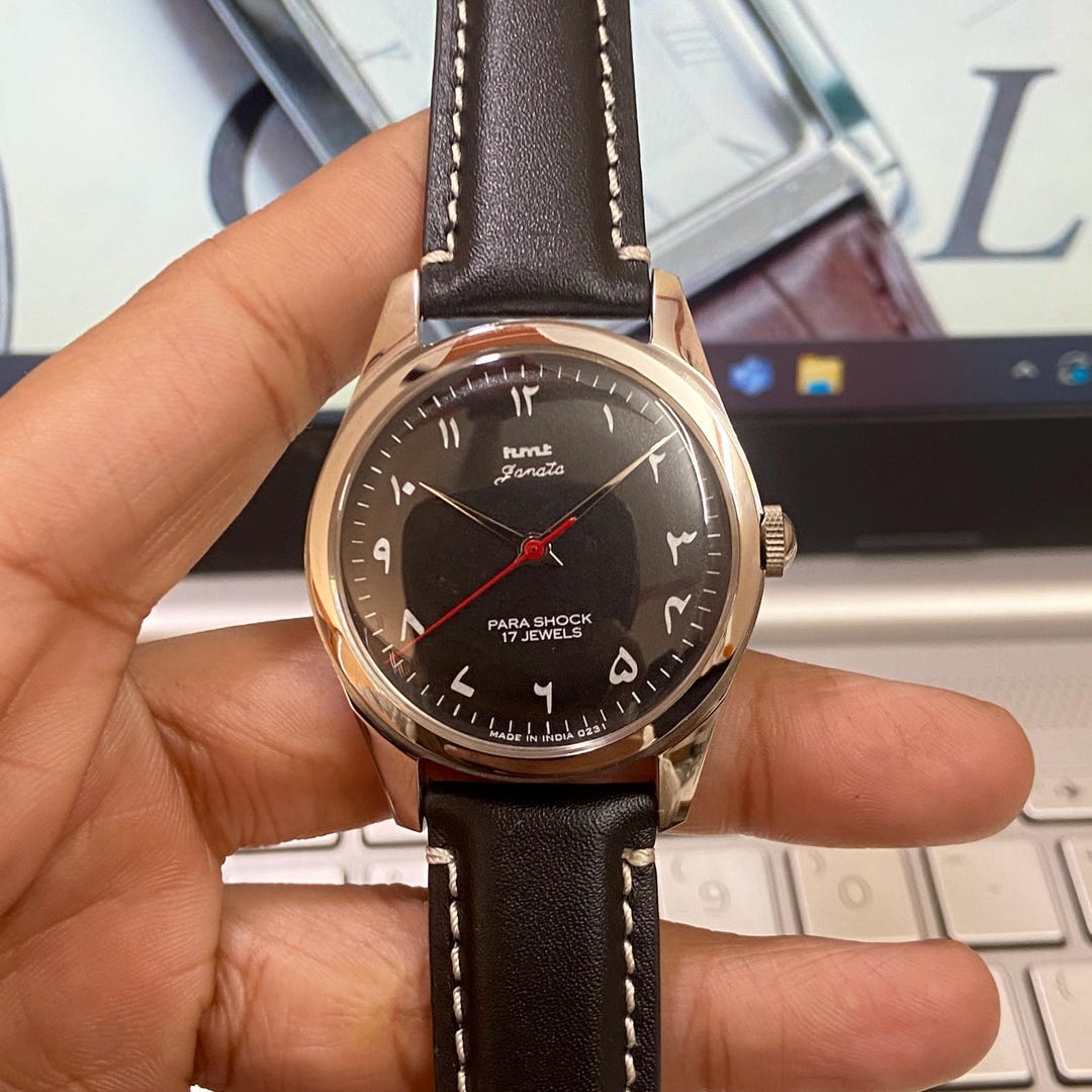 HMT Janata Urdu Hand Winding Black Face 17 Jewels 35MM Glass Back Black ...