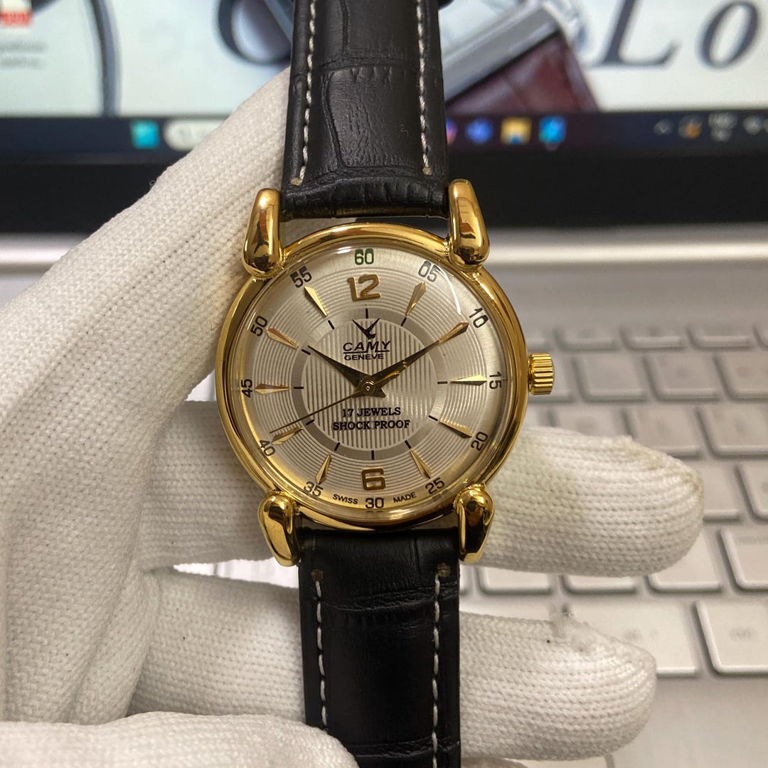 Vintage Camy Geneve Mechanical Watch: 17 Jewels, Silver Face, Black ...