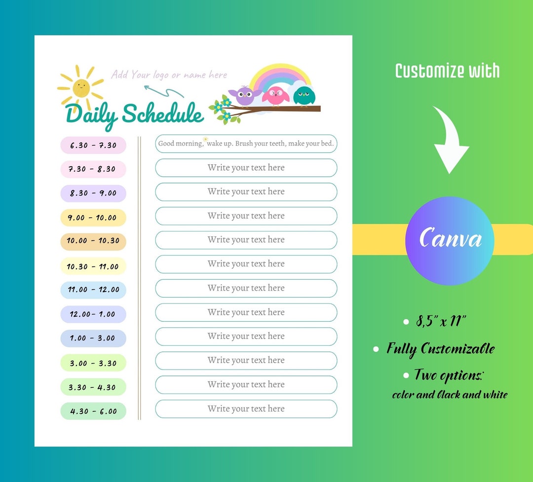 Editable Daily Schedule for Kids Customizable With Canva Daycare ...