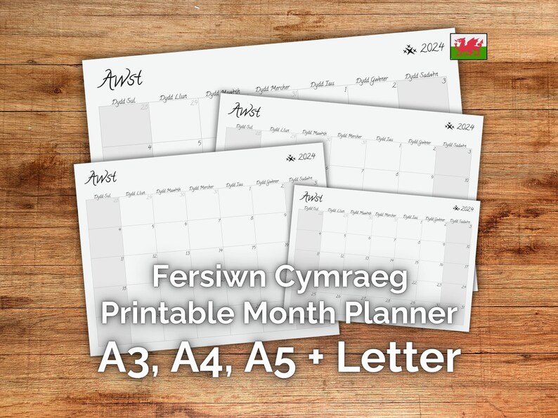 Awst / August 2024 Printable Calendar / Month Planner, Cymraeg / Welsh ...