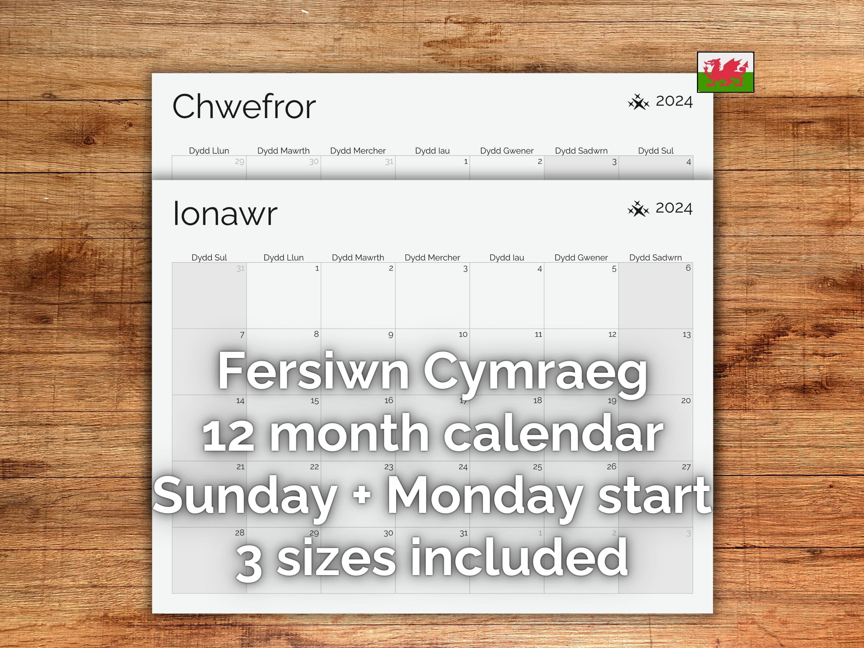 2024 Minimalist Calendar Cymraeg / Welsh Printable / - Etsy
