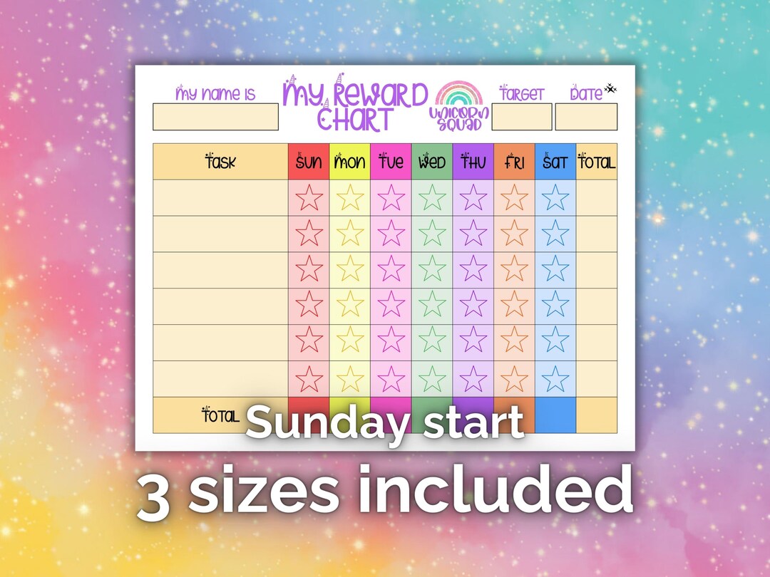 Weekly Reward Chart, Unicorns and Rainbows, Sunday Start – Printable ...