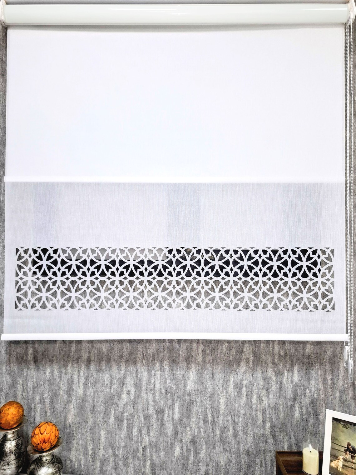 Linen Tulle Roller Blind: Laser Cut Double Mechanism, Light Filtering ...