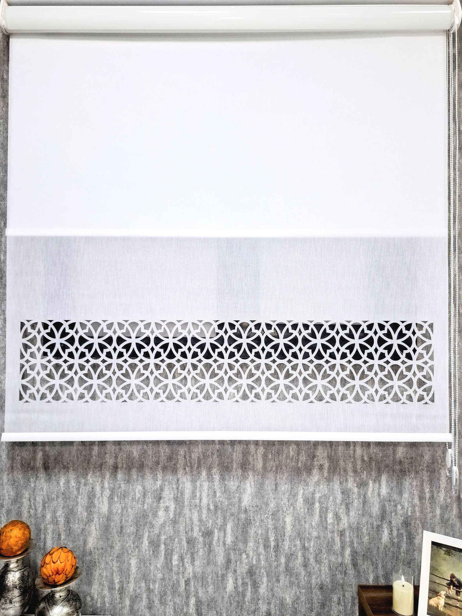 Linen Tulle Roller Blind: Laser Cut Double Mechanism, Light Filtering ...