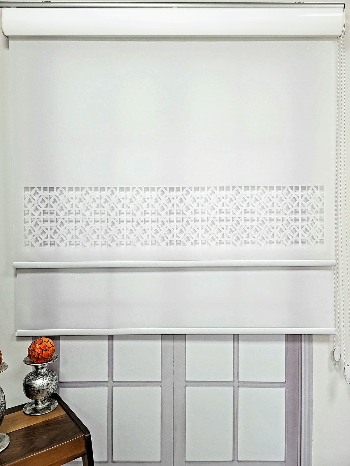 Patterned Laser Cut Double Mechanism Tulle and Roller Blinds Curtain ...