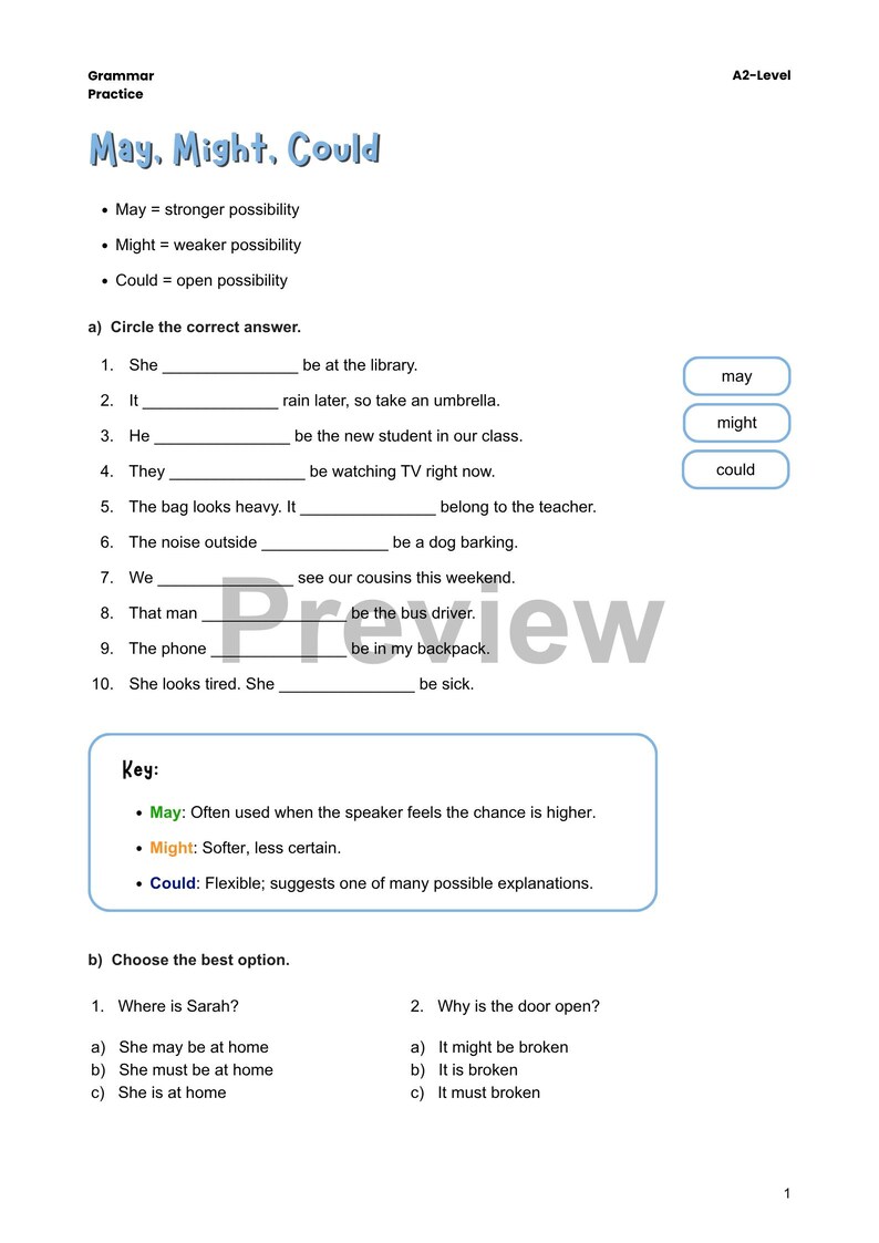 English Grade 6 Modal Verbs Worksheets Printable Digital Download - Etsy