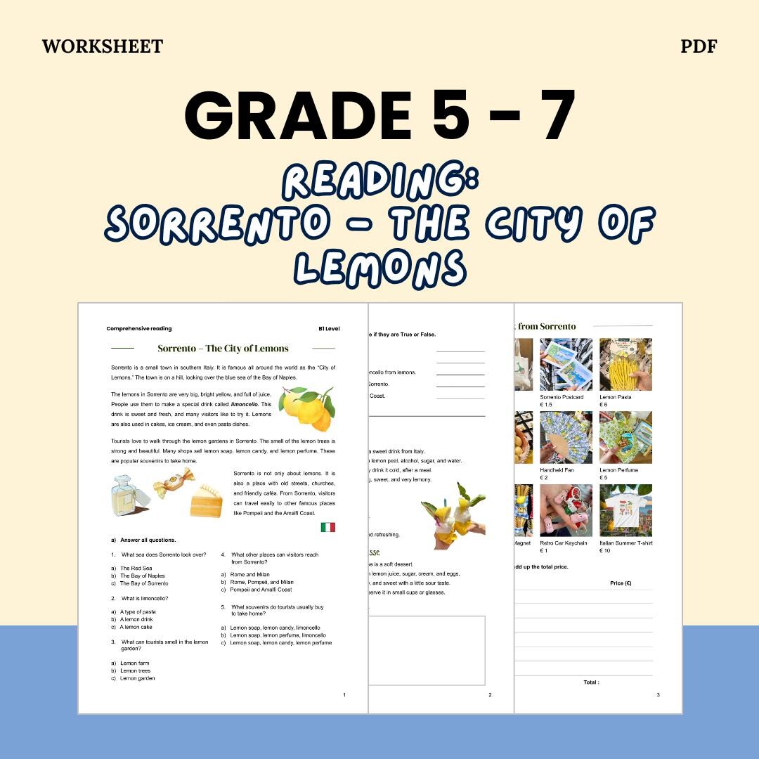 CEFR B1 English Reading Worksheets, Topic: Sorrento Teh City of Lemons ...