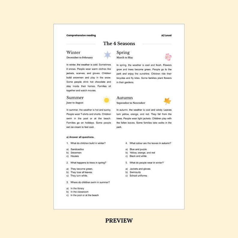 English Reading Worksheets, Topic: the Four Seasons (digital Download ...