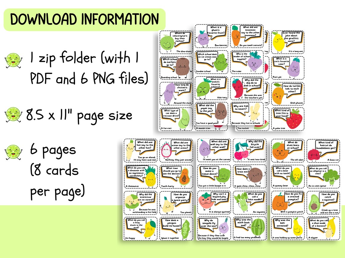 Lunch Box Joke Cards Printable Cards Fruit and Veggie Theme - Etsy