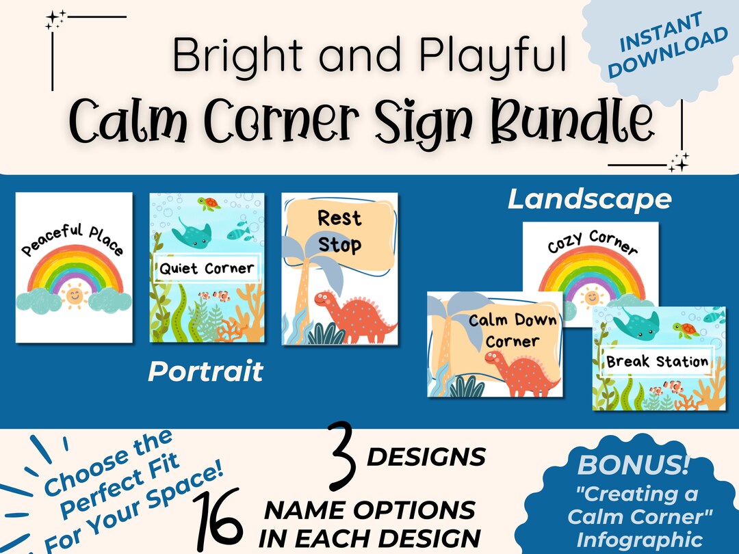Calm Corner Printable Signs, Colorful and Playful, Quiet Space Signs ...