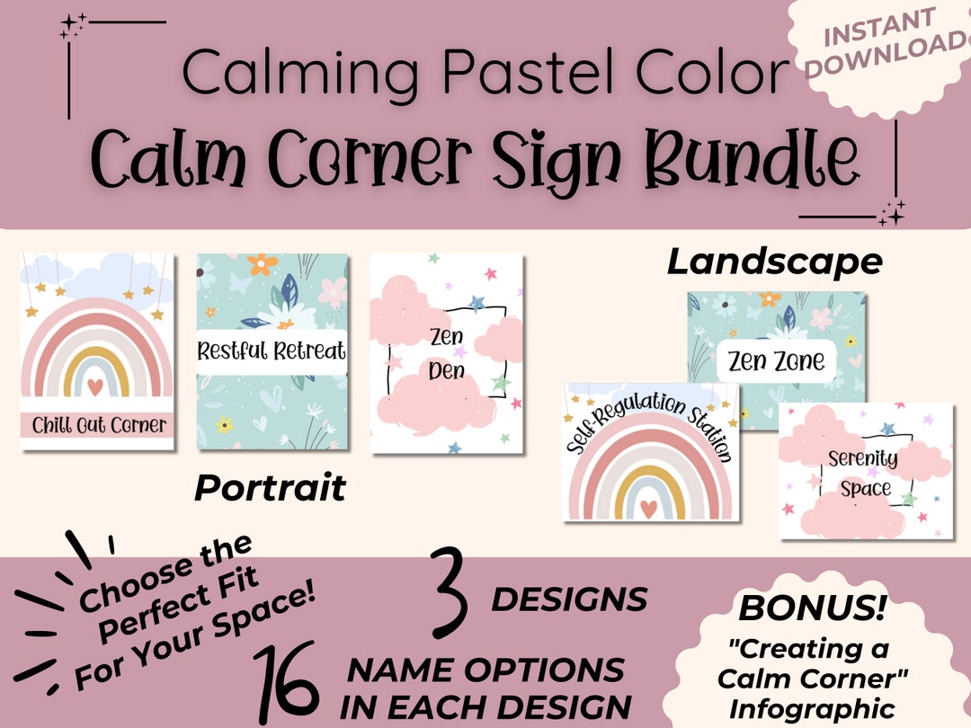 Calm Corner Printable Signs, Calm Pastel Colors, Quiet Space Signs ...