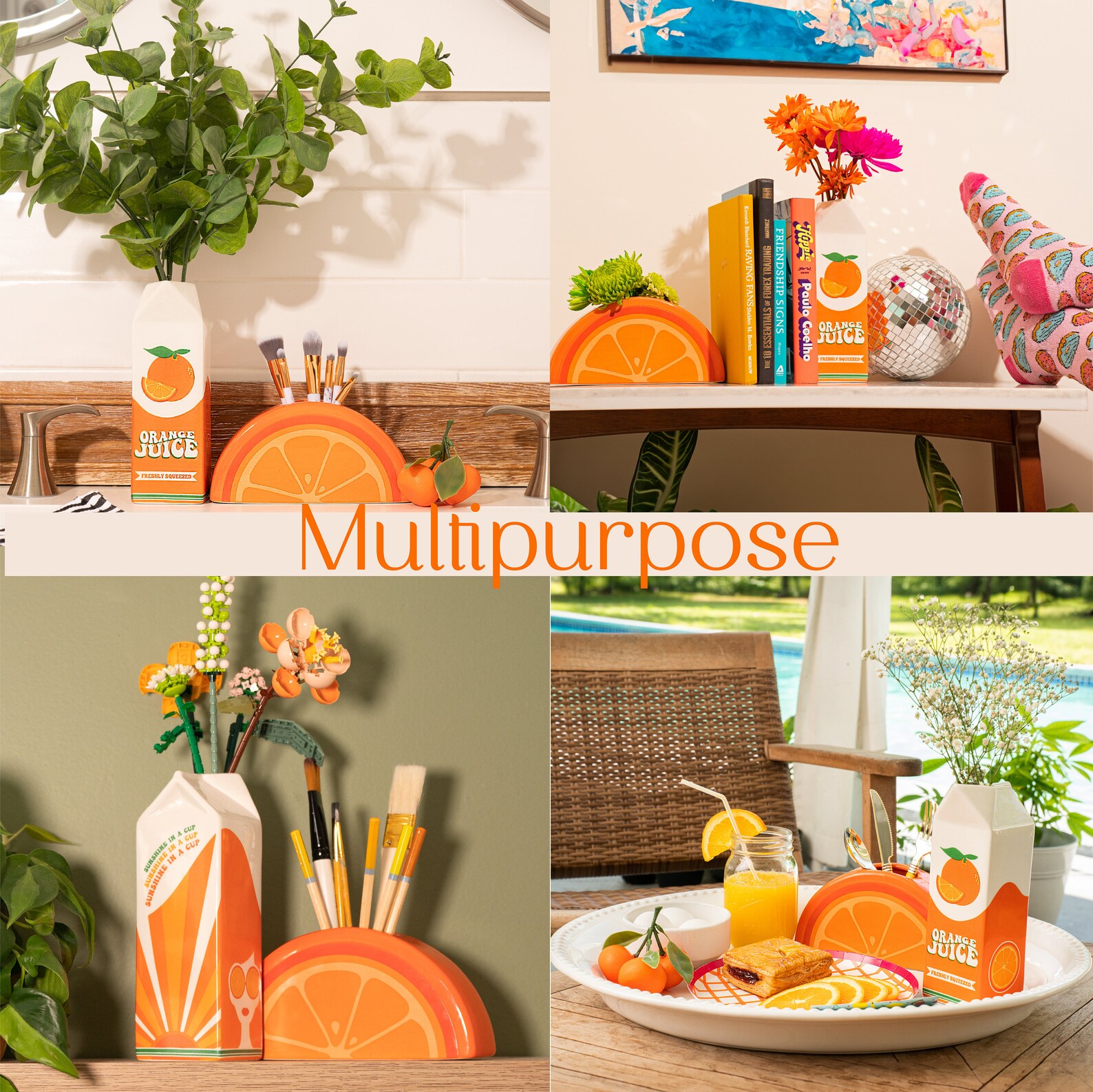 Orange Juice Vase, 2 Vase Set. Ceramic Carton and Sliced Orange Vase ...