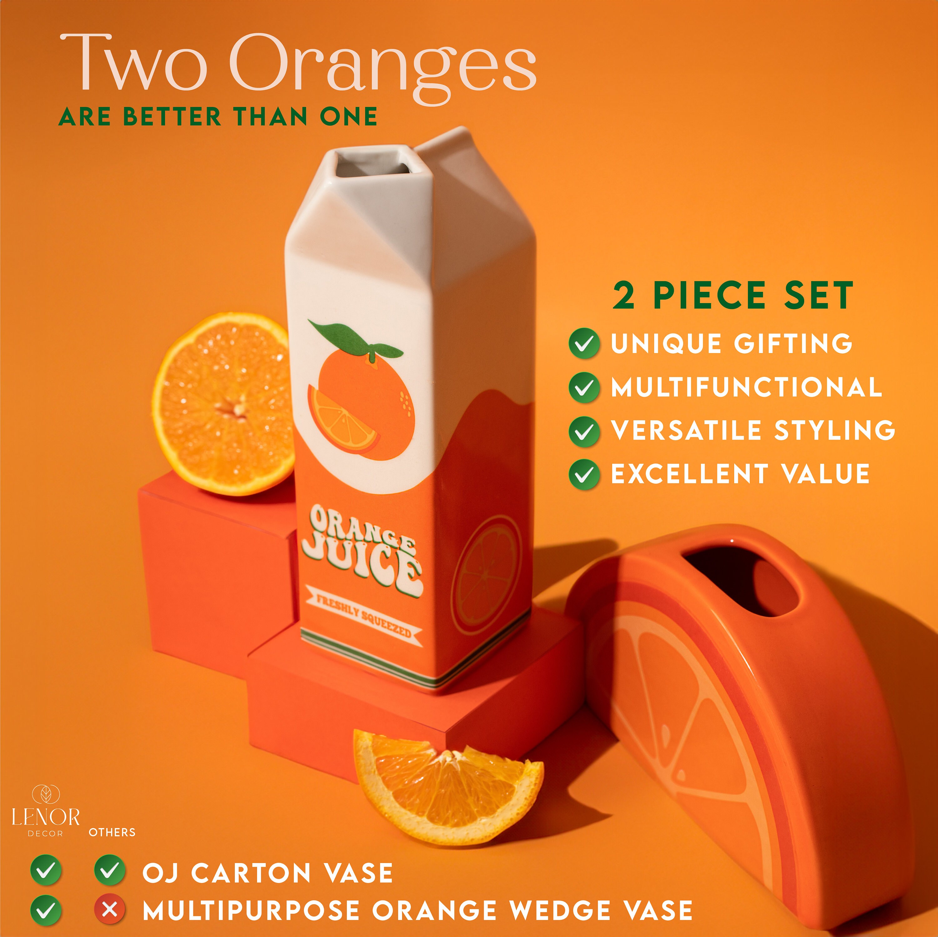 Orange Juice Vase, 2 Vase Set. Ceramic Carton and Sliced Orange Vase ...