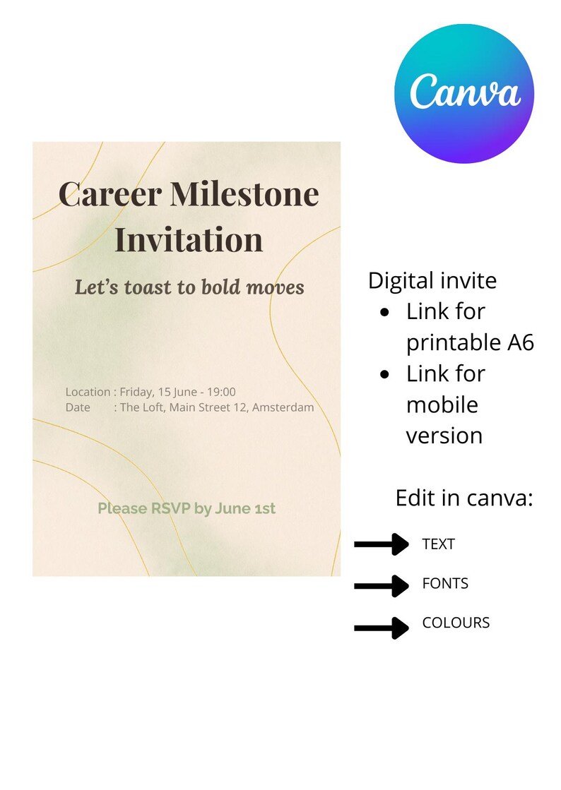 Career Milestone Invitation Template | Editable A6 PDF & PNG ...