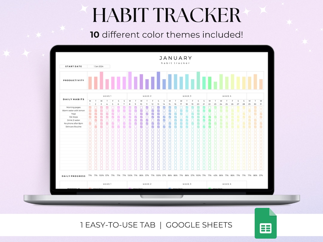Habit Tracker Spreadsheet Template Google Sheets, Daily Routine Goal ...