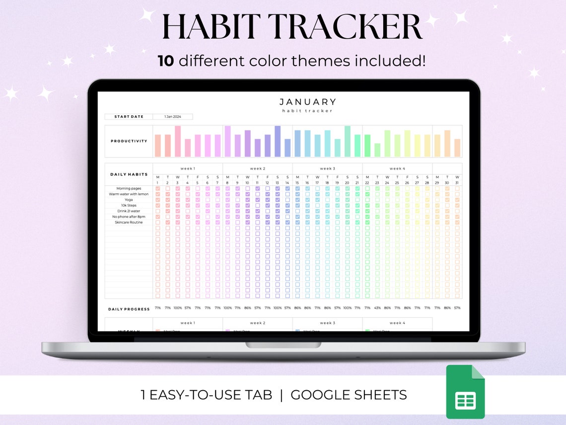 Habit Tracker Spreadsheet Template Google Sheets, Daily Routine Goal ...