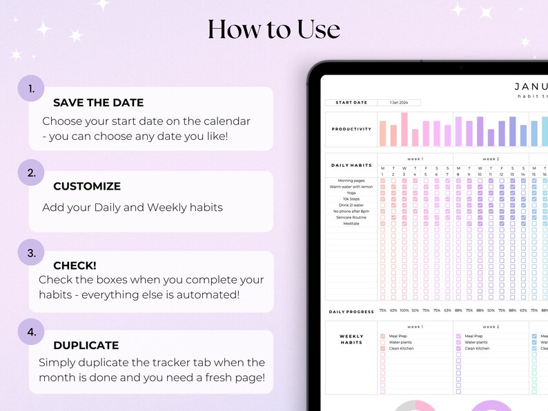 Habit Tracker Spreadsheet Template Google Sheets, Daily Routine Goal ...