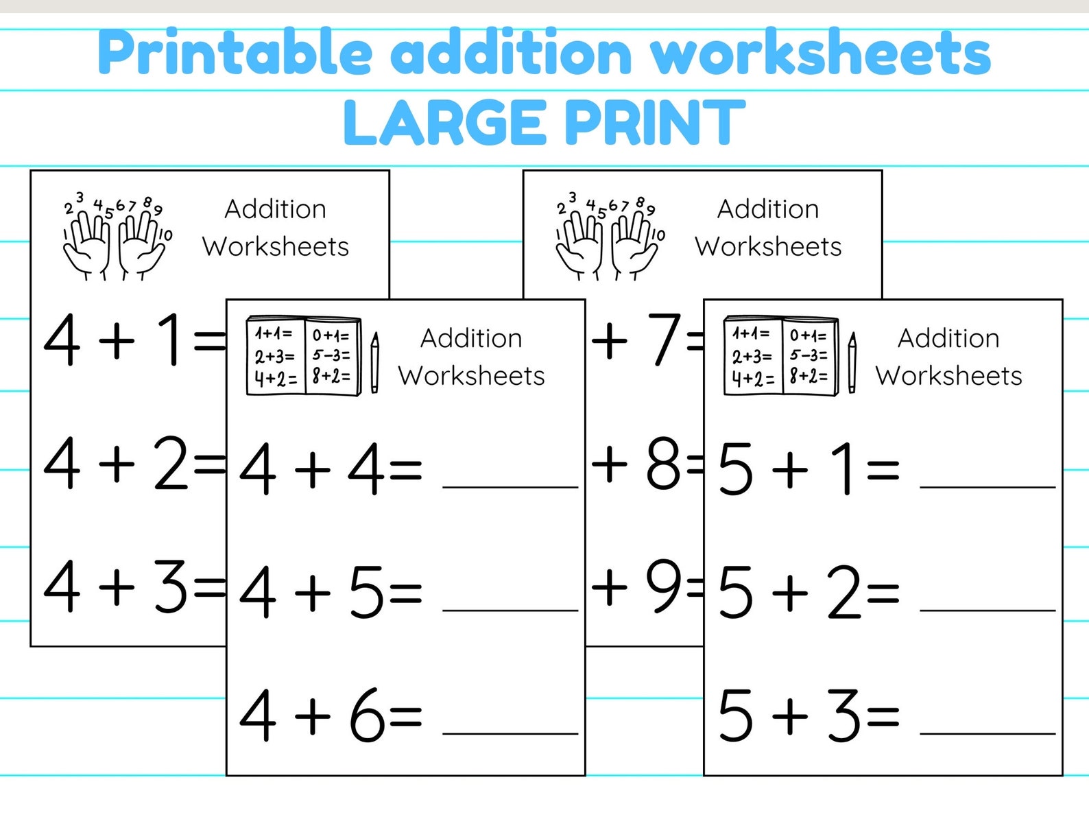 Addition Worksheets Large Print Printable Addition Worksheets Single ...