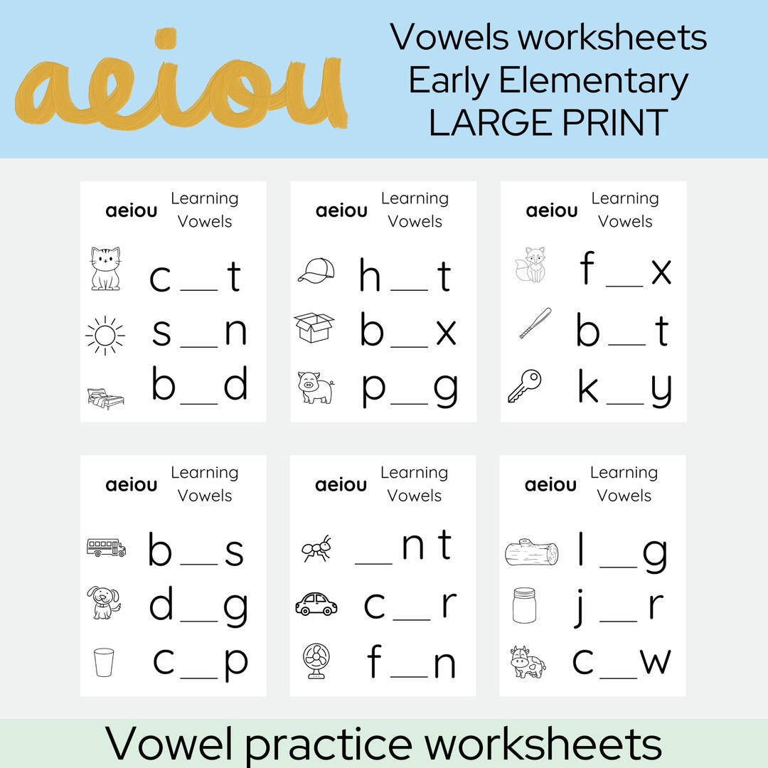 Vowel Practice Worksheets for Elementary Learning Vowels Printables ...