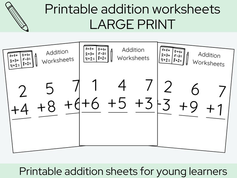 Addition Worksheets Large Print Printable Addition Worksheets Single ...