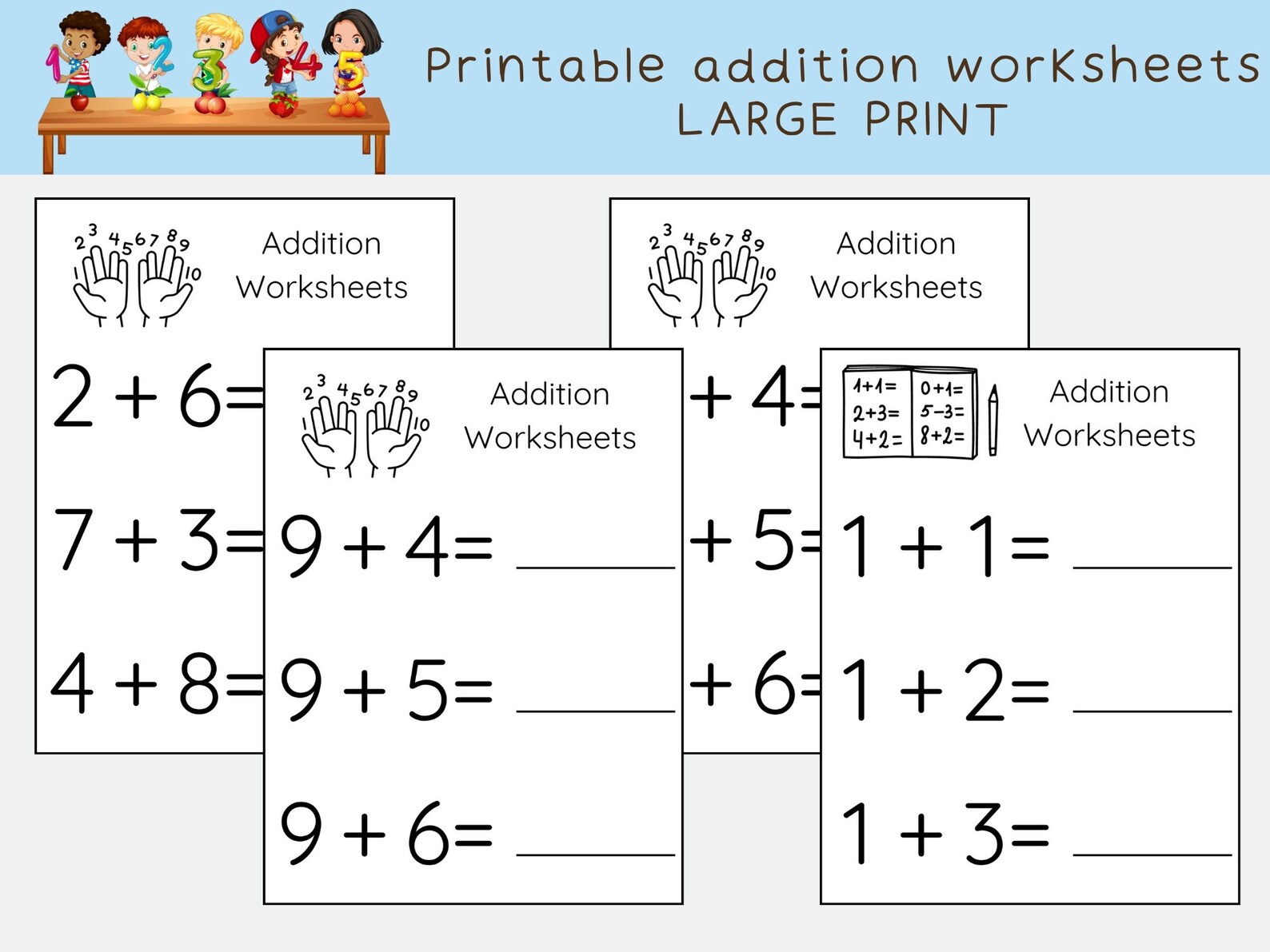 Addition Worksheets Large Print Printable Addition Worksheets Single ...