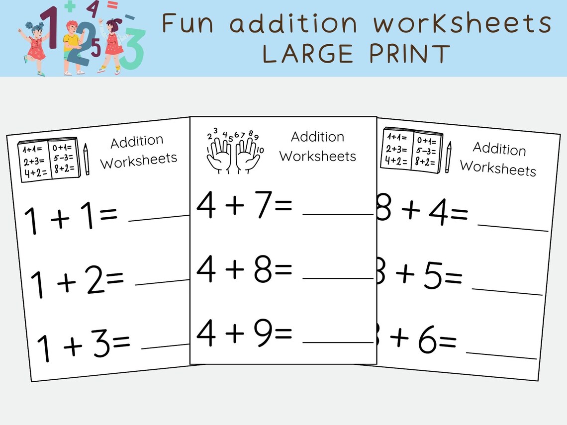 Addition Worksheets Large Print Printable Addition Worksheets Single ...
