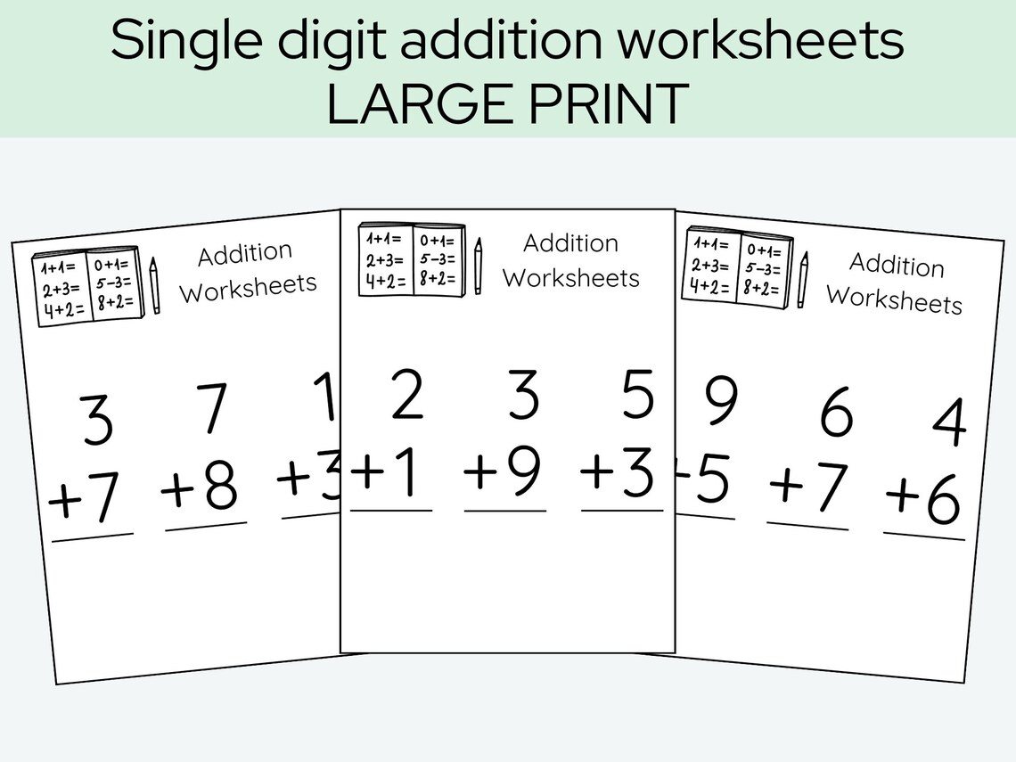 Addition Worksheets Large Print Printable Addition Worksheets Single ...