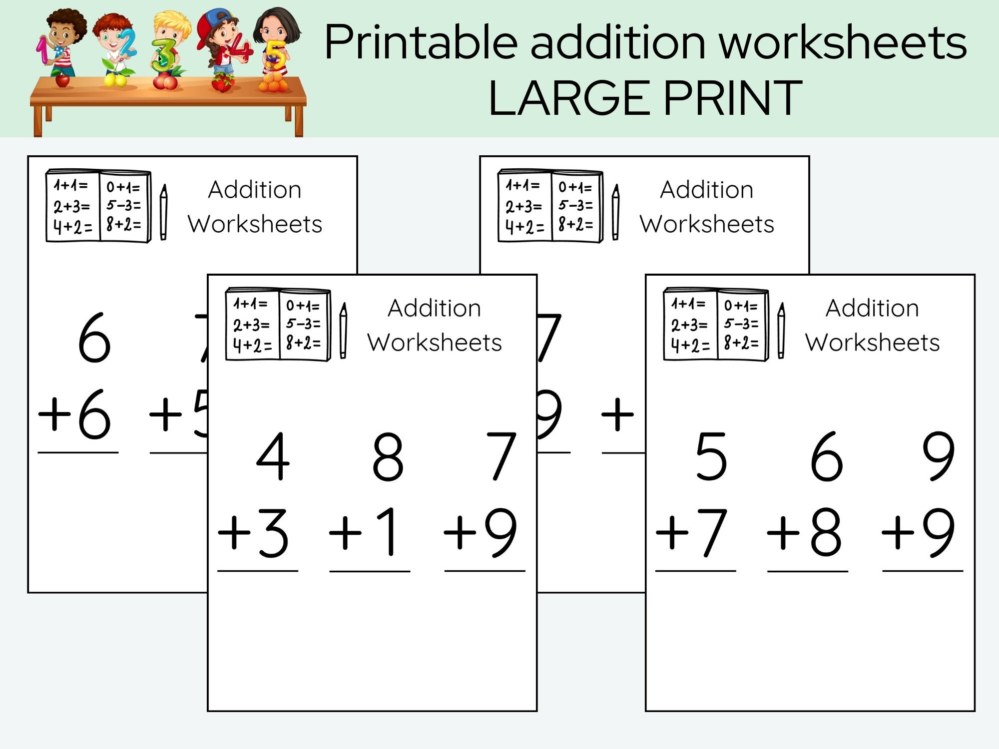 Addition Worksheets Large Print Printable Addition Worksheets Single ...