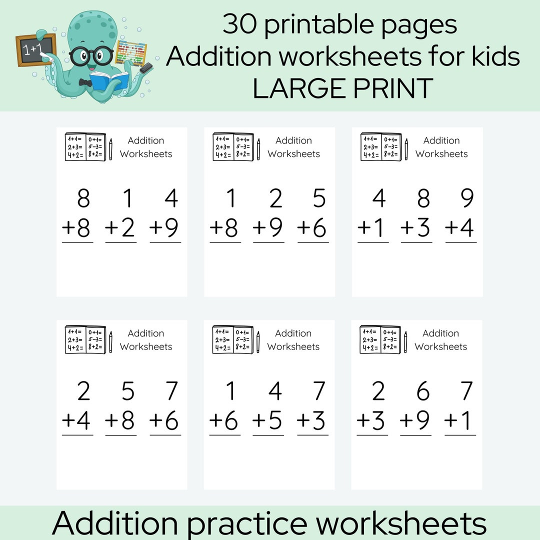 Addition Worksheets Large Print Printable Addition Worksheets Single ...