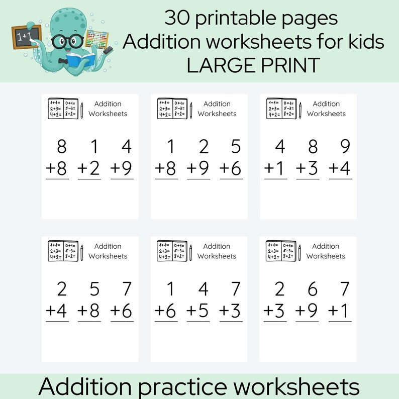 Addition Worksheets Large Print Printable Addition Worksheets Single ...
