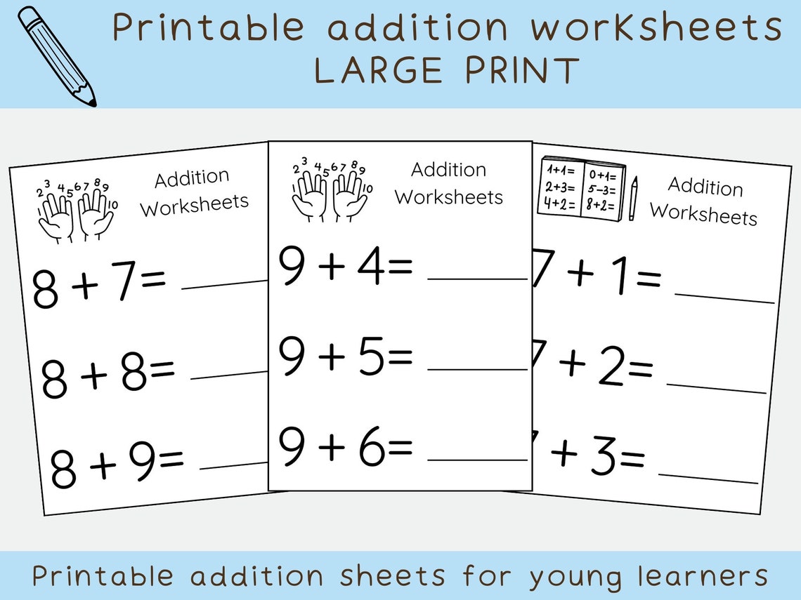 Addition Worksheets Large Print Printable Addition Worksheets Single ...