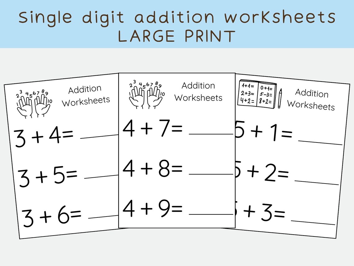 Addition Worksheets Large Print Printable Addition Worksheets Single ...
