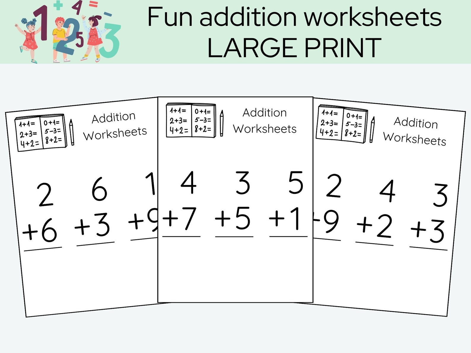 Addition Worksheets Large Print Printable Addition Worksheets Single ...