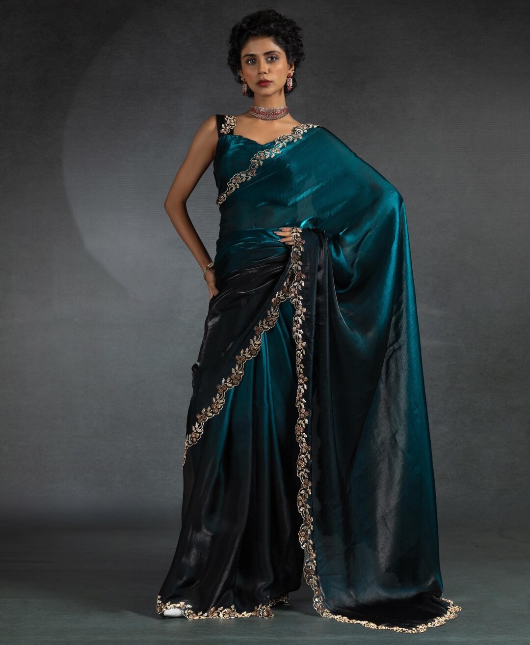 Fancy Teal Stone Handwork Satin Silk Saree for Women, Foil Work, Party ...