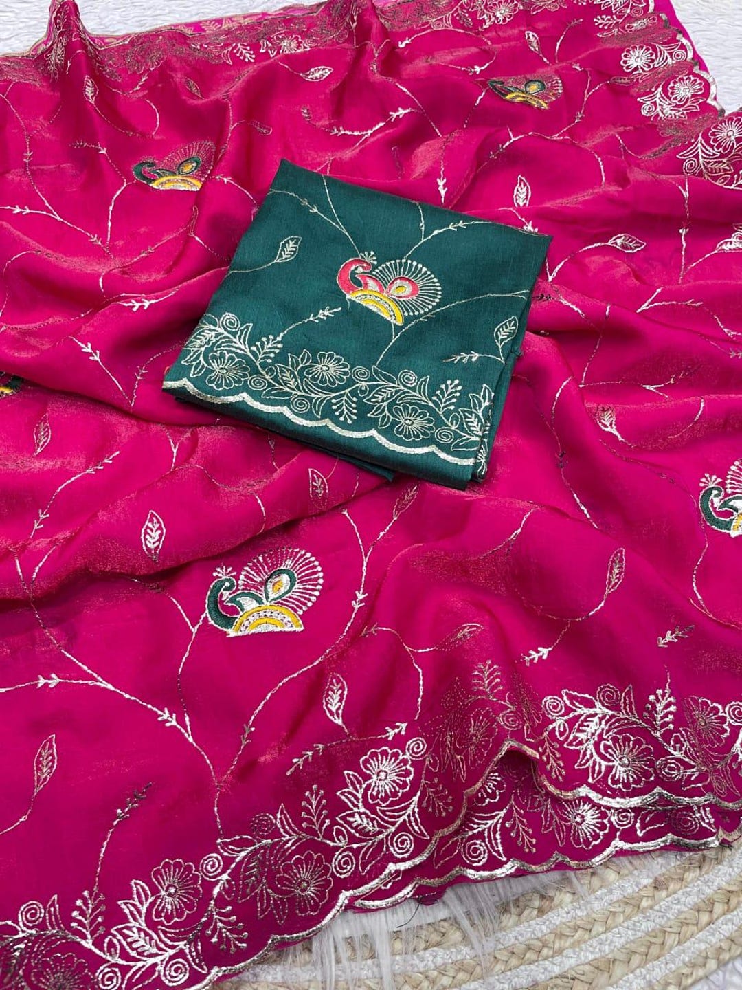 Trending Pink Embroidered Fandy Satin Festive Wear Saree for UK Women ...
