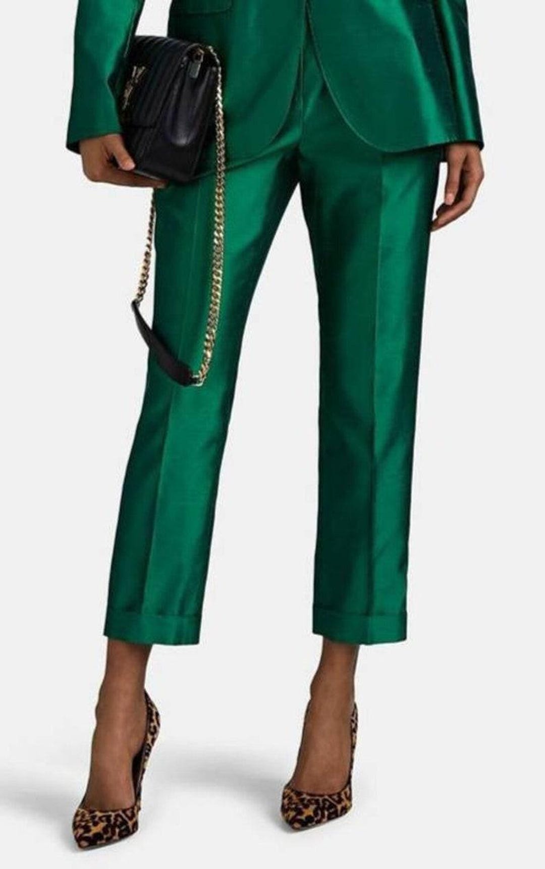 Emerald Green Satin Silk Pant for Office | Business Wear Capri Trousers ...
