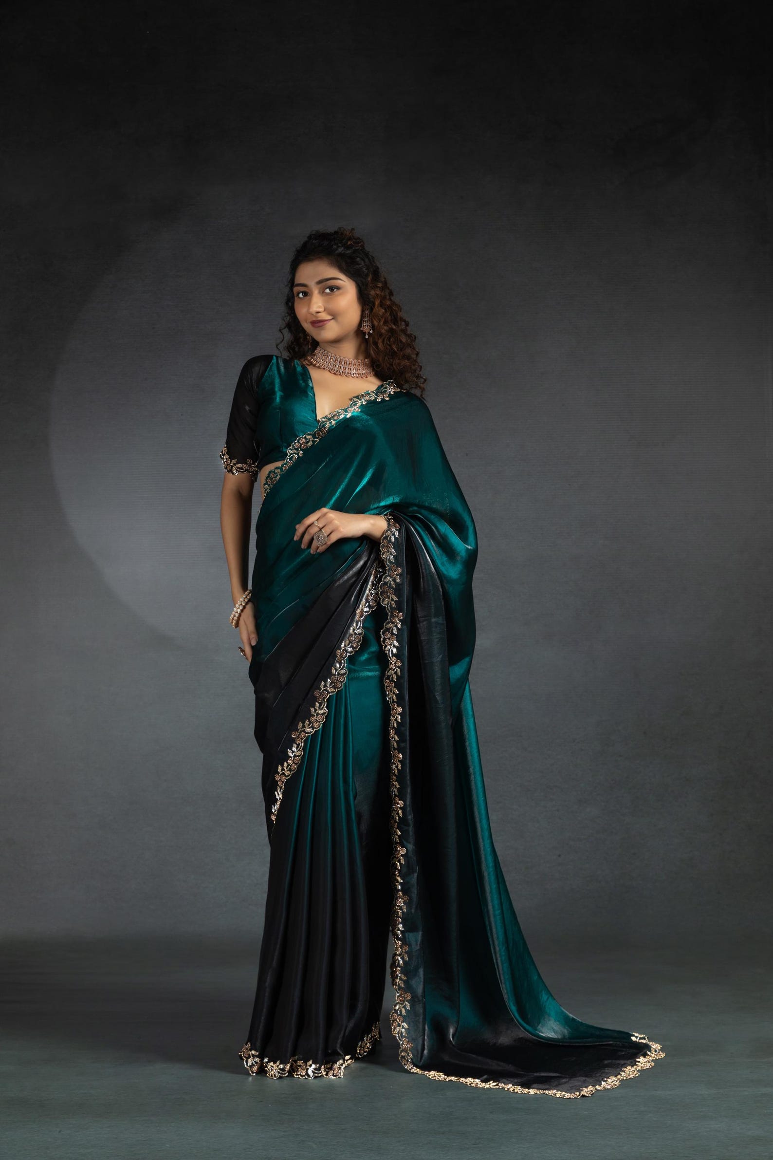 Fancy Teal Stone Handwork Satin Silk Saree for Women, Foil Work, Party ...
