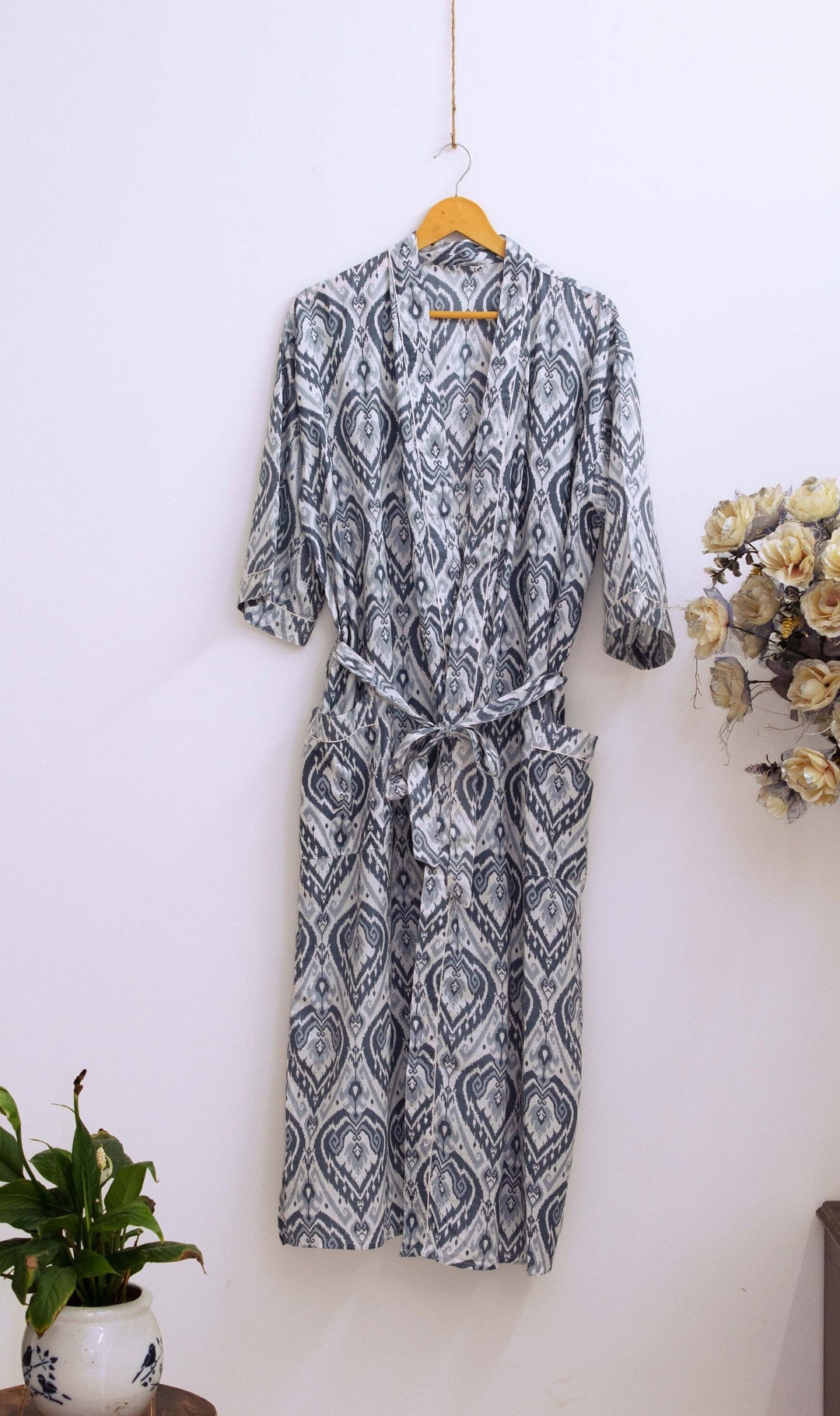 100% Cotton Kimono Dress, Japanese Kimono, Handmade Indian Ikat Print ...