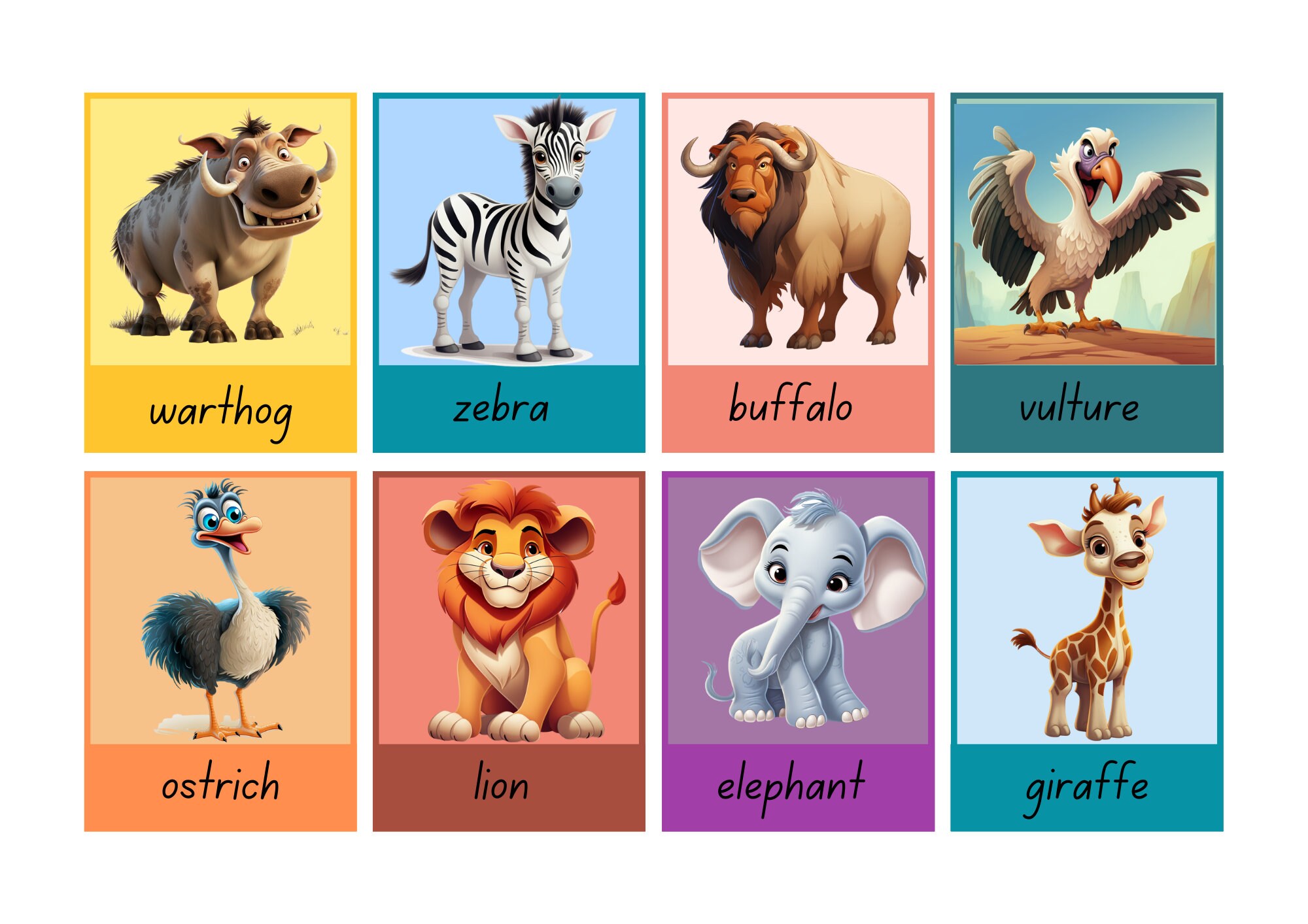 Savanna Animals Flashcards and Colouring Pages - Etsy