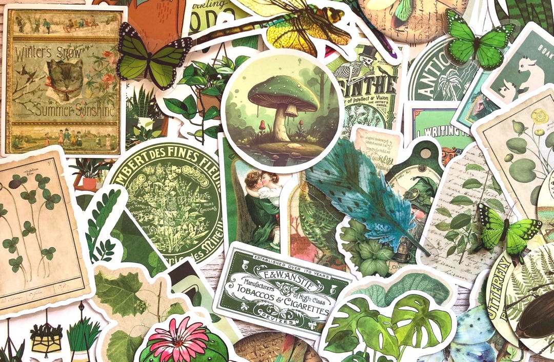 50 Green Plants & Foliage Sticker Pack: Vintage Scrapbook Stickers, 50 ...