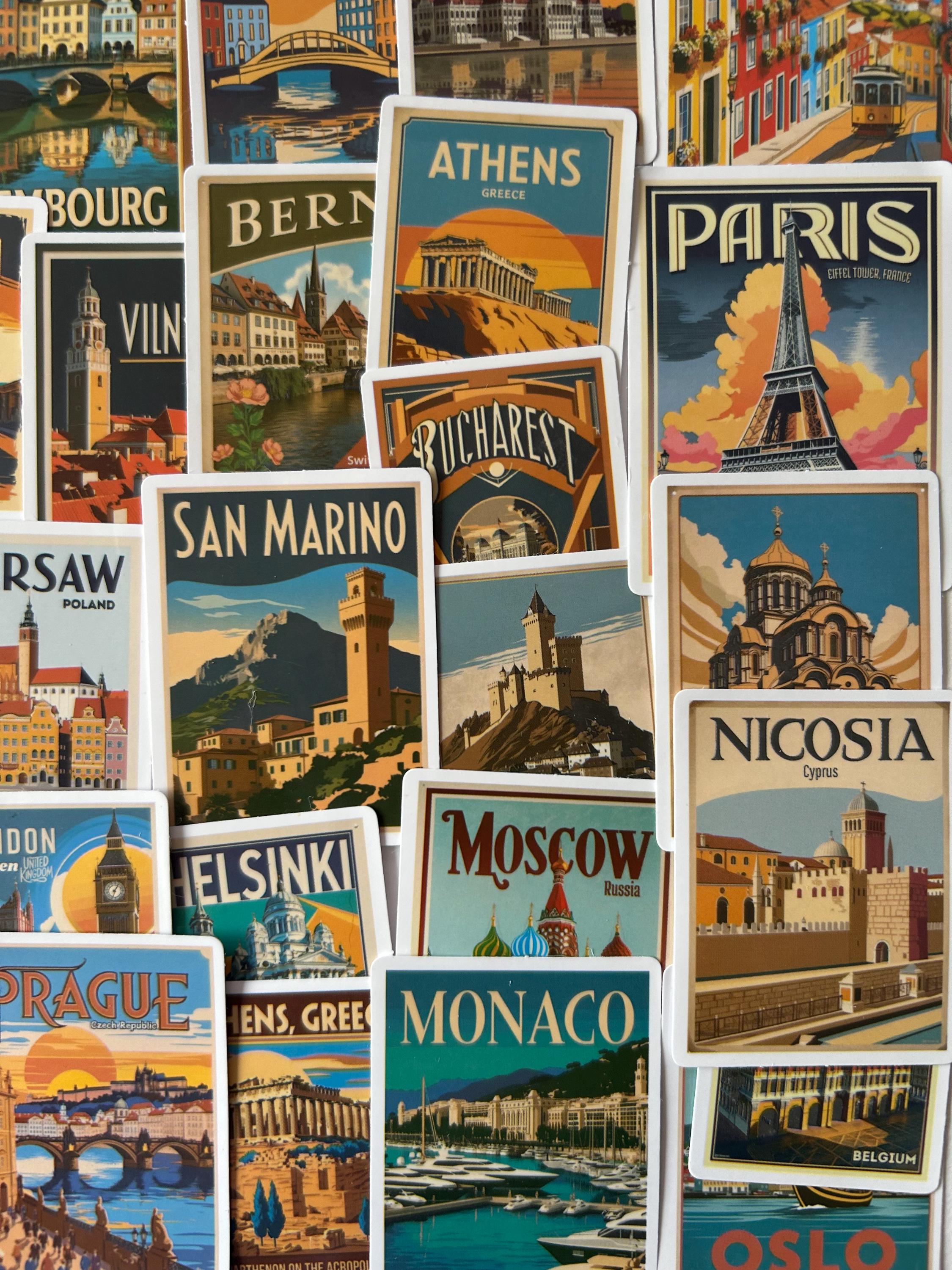 50 Vintage European Travel Stickers: Retro City Landmark Pack - Etsy UK
