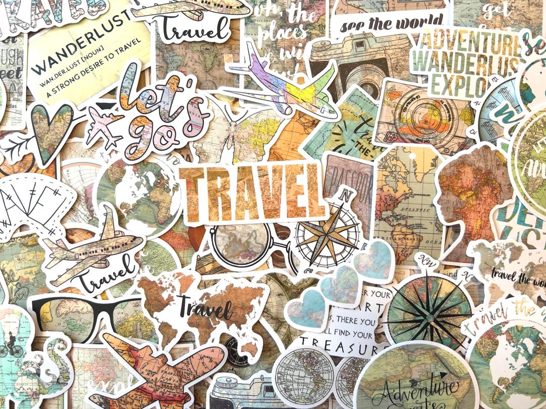 50 Vintage Travel Stickers: World Maps, Adventure Scrapbooking - 50 ...