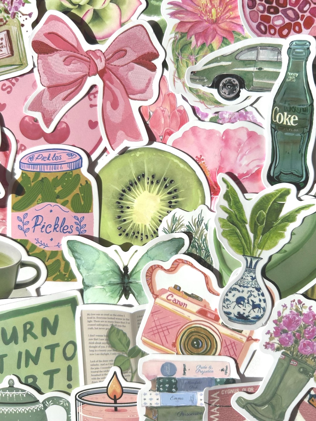 Green Stickers and Pink Set: 50 Floral Craft Stickers for Journals ...