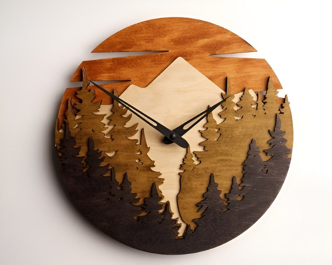 Mountain Wall Clock,wood Mountain Clock,layered Clock Wall Clock Unique ...