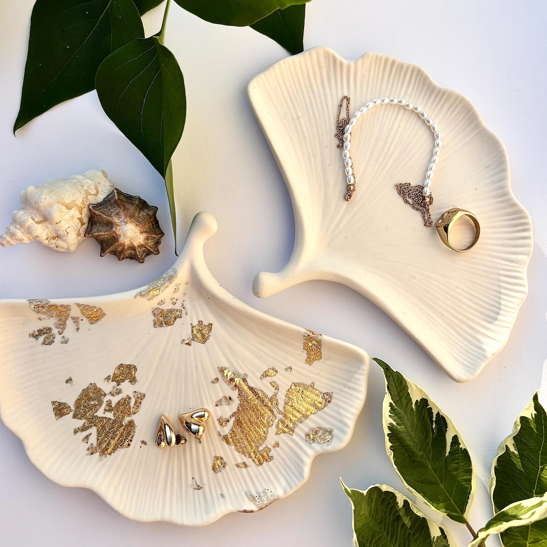 Handmade Jewelry Bowl, Gingko Leaf Shape, Decorative Bowl, Jesmonite ...