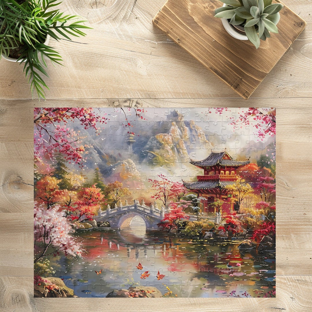 Asian Art Temple Bridge Nature Jigsaw Puzzle Painting, Premium Jigsaw ...