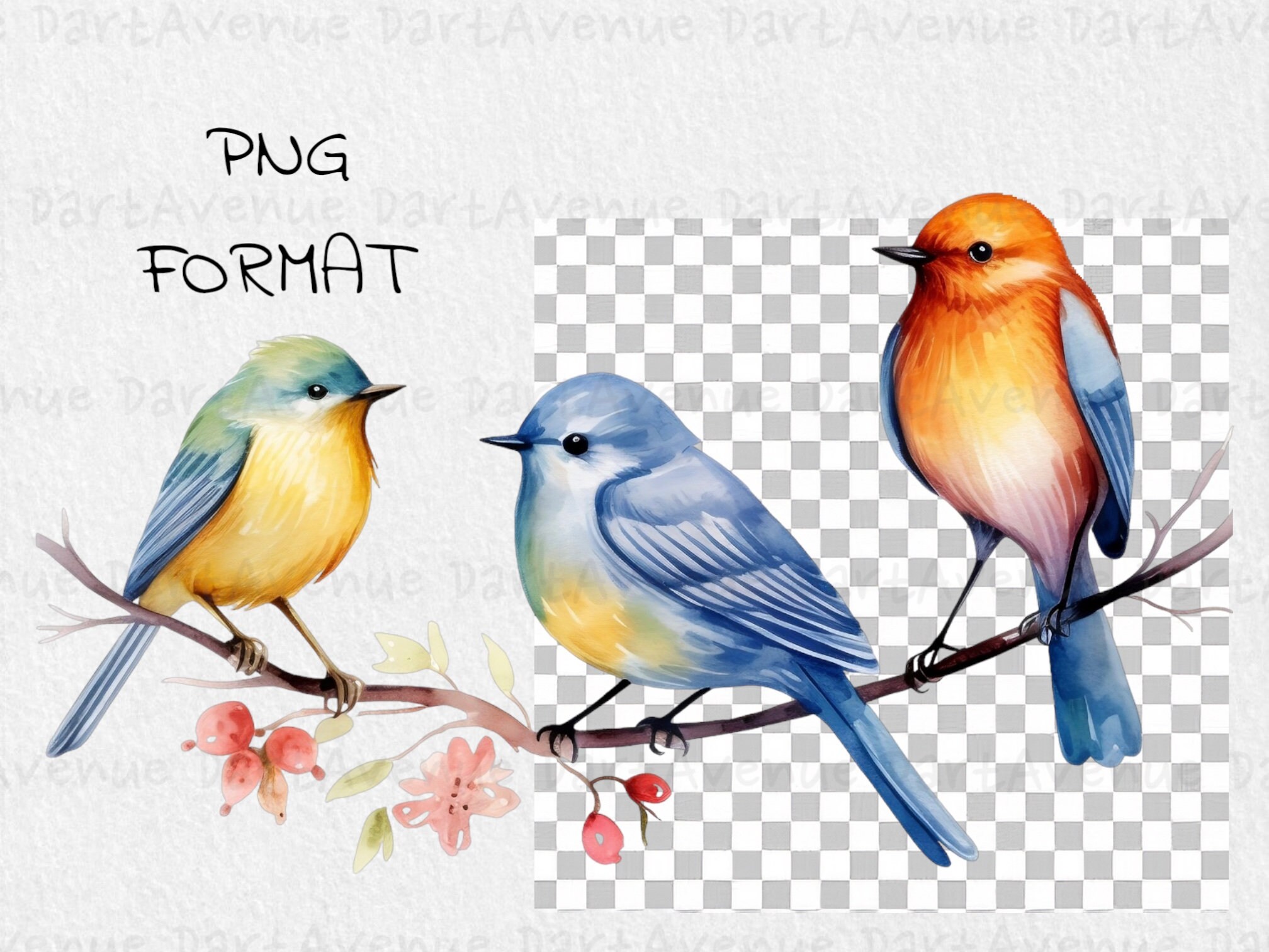 Watercolor Birds Clipart, Watercolor Art, Birds on Floral Branches ...