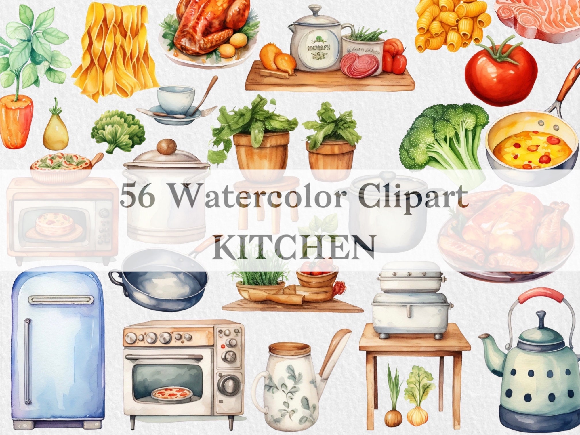 56 Kitchen Watercolor Clipart, Food Clipart, Home Decor Watercolor ...