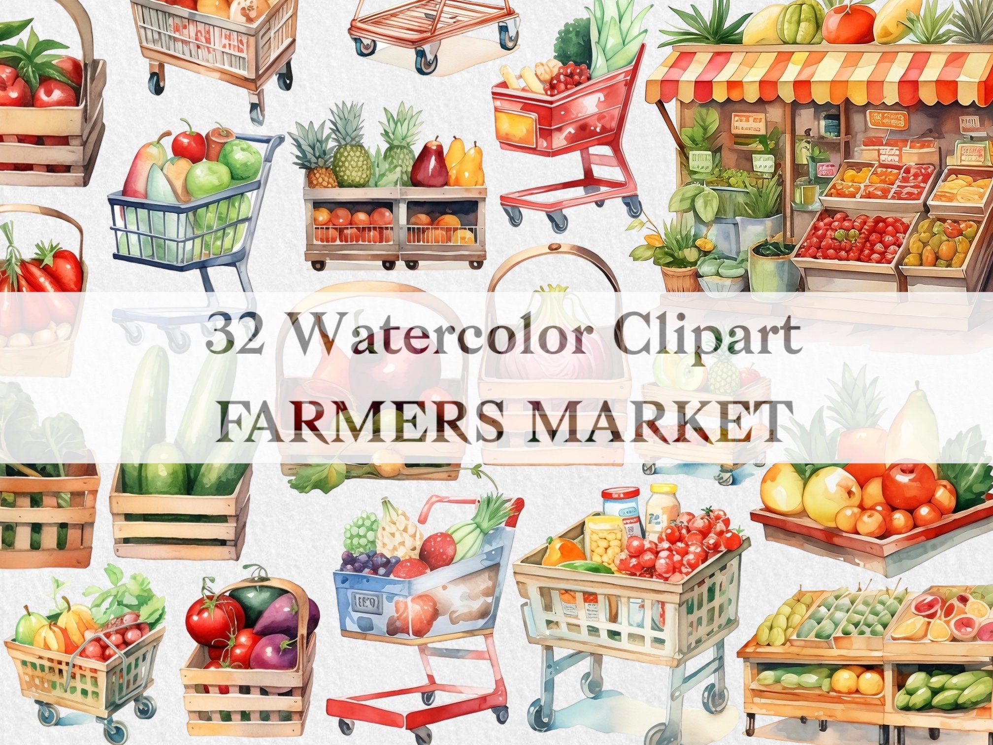Watercolor Farmers Market Clipart, Watercolour Food Illustration, Art ...