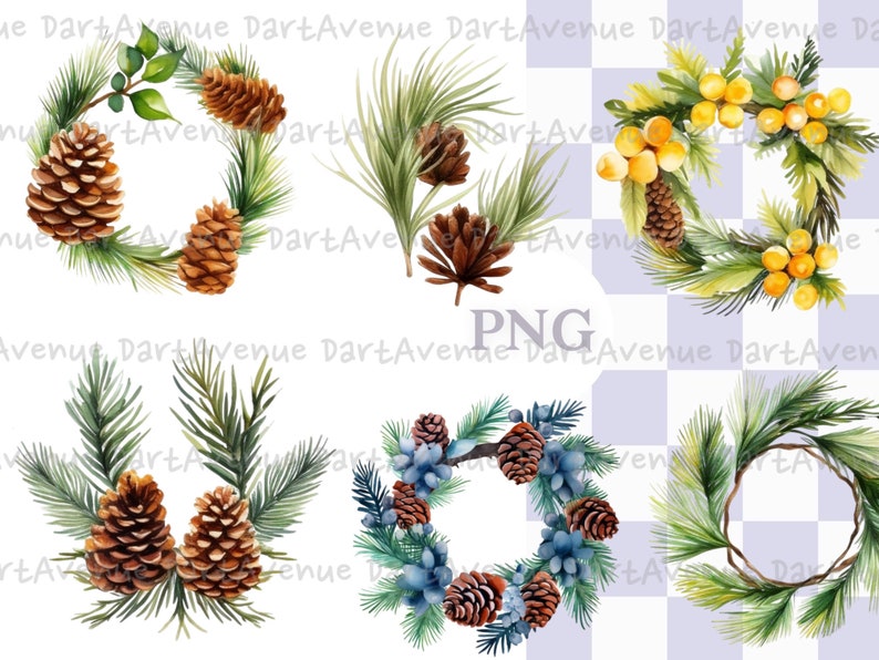 Watercolor Pine Cone Clipart Collection, Christmas Wreath Watercolor ...